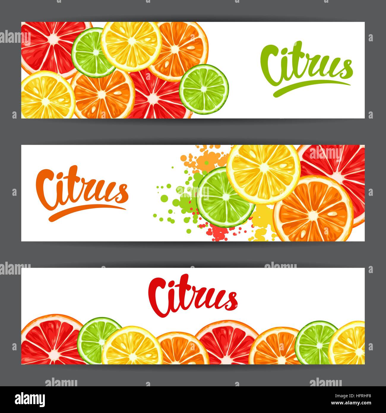Banners with citrus fruits slices. Mix of lemon lime grapefruit and ...