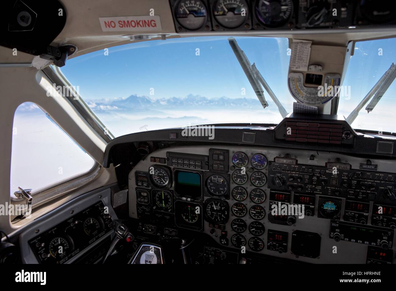 Nepal Kathmandu Asia airplane cockpit view Himalayan mountain range ...