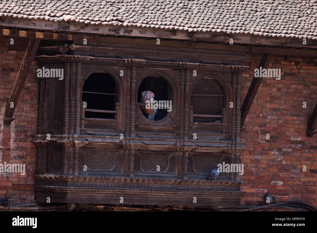 Nepal Kathmandu Asia window viewing traditional building wooden candid ...
