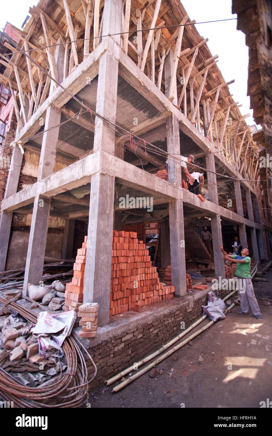 Nepal Kathmandu Asia building construction handmade local bricks bamboo ...