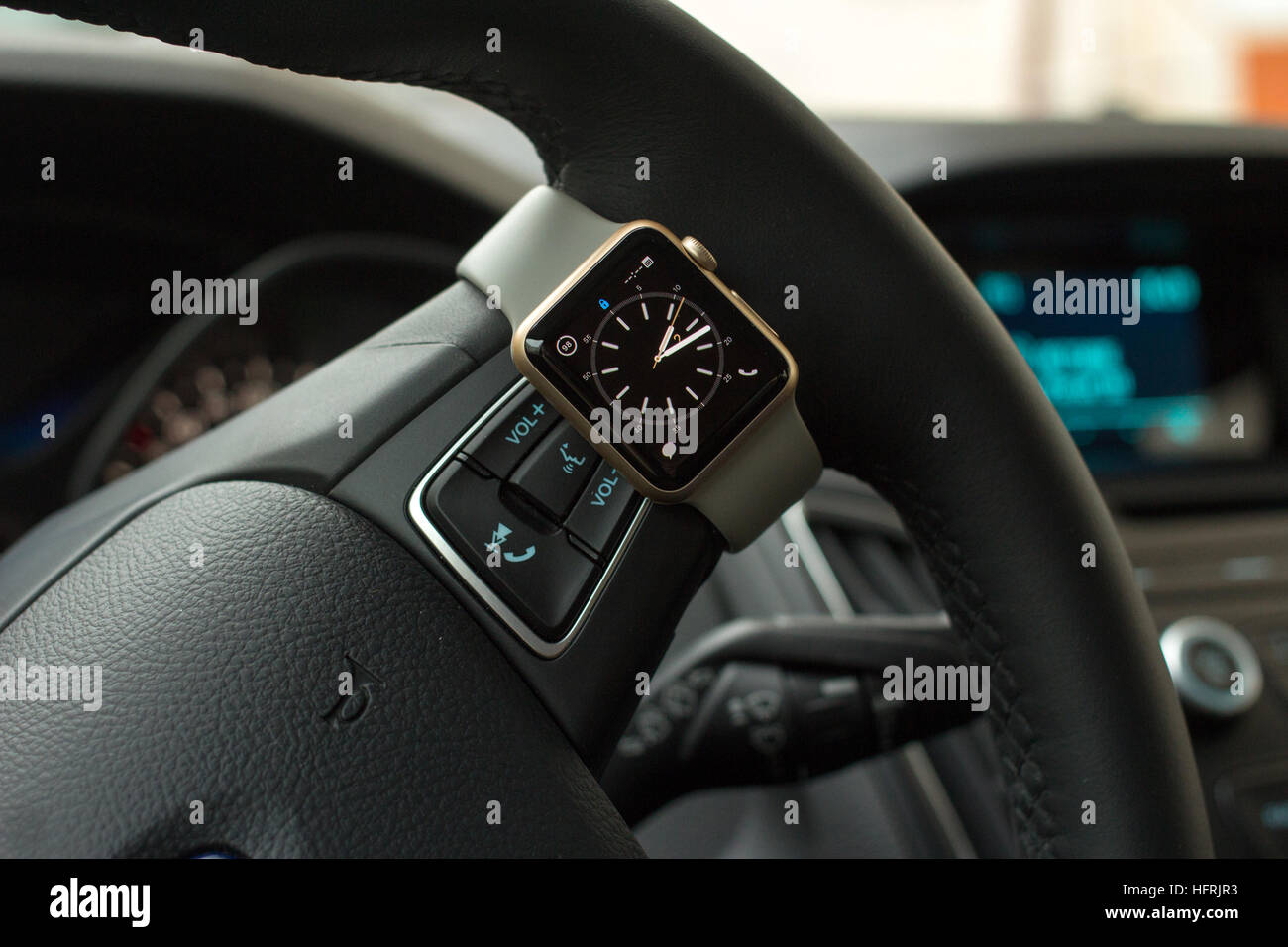 Modern car interior with smart watch in steering wheel Stock Photo - Alamy