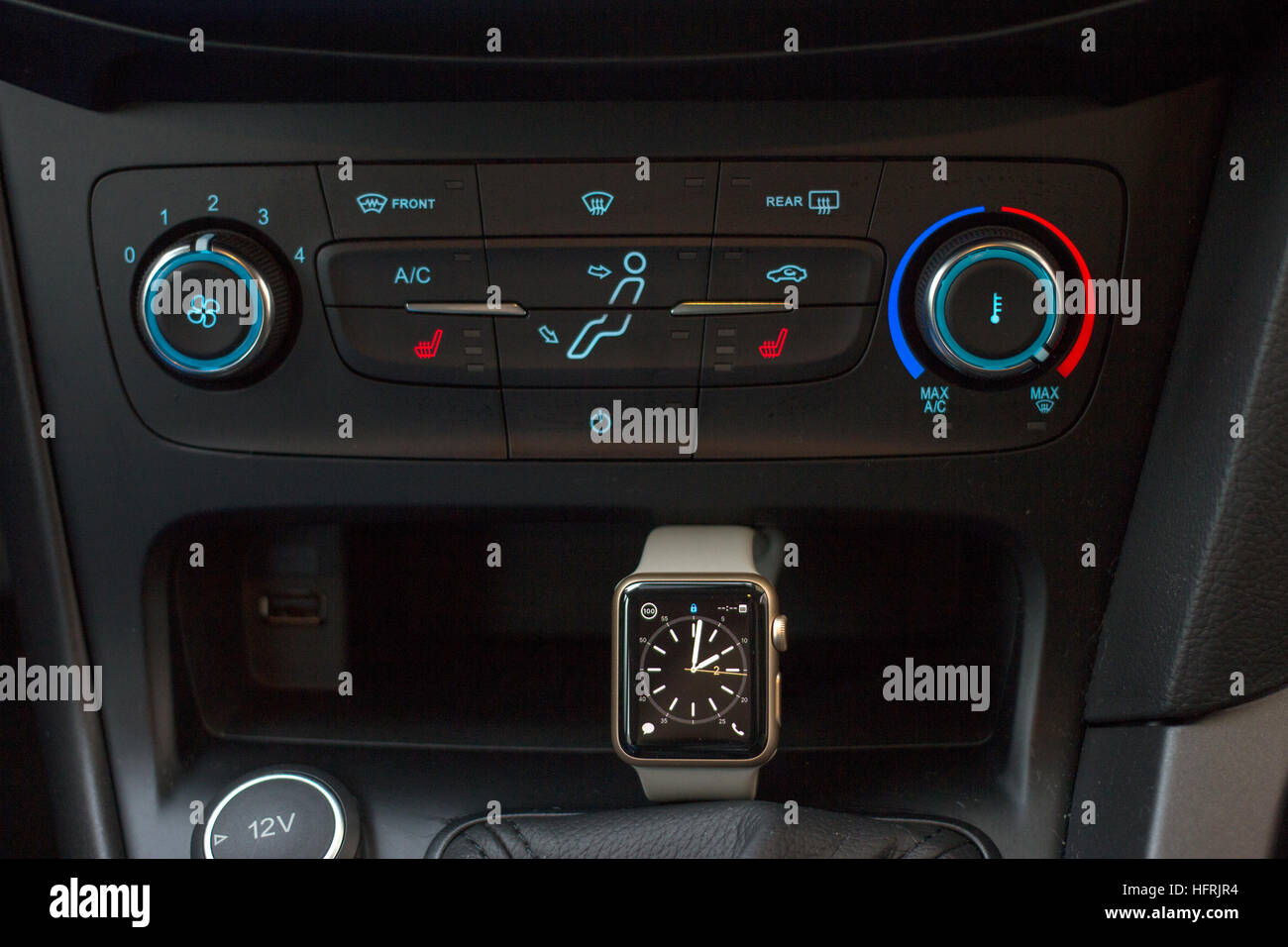 Modern car interior with smart watch in steering wheel Stock Photo - Alamy