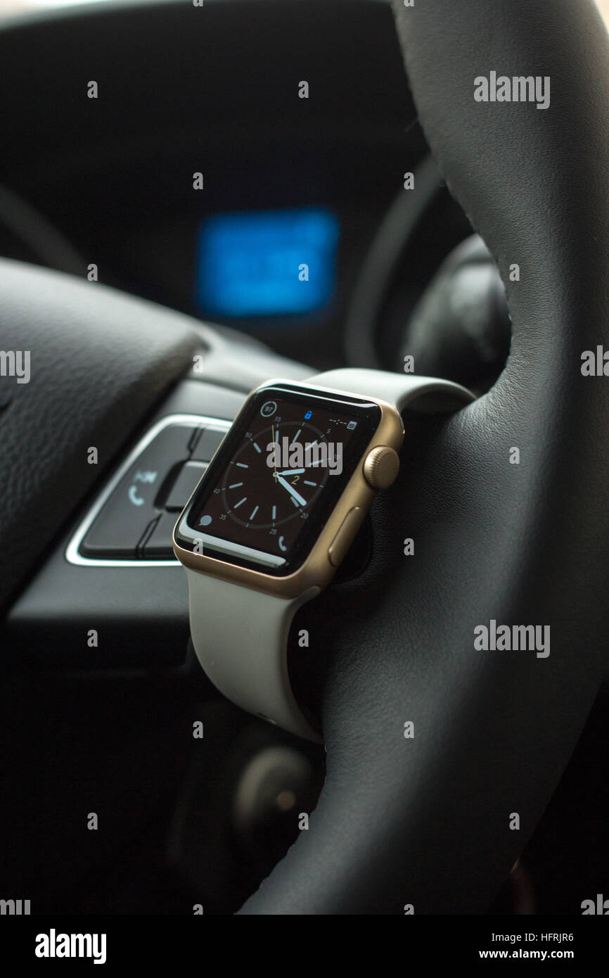 Modern car interior with smart watch in steering wheel Stock Photo - Alamy