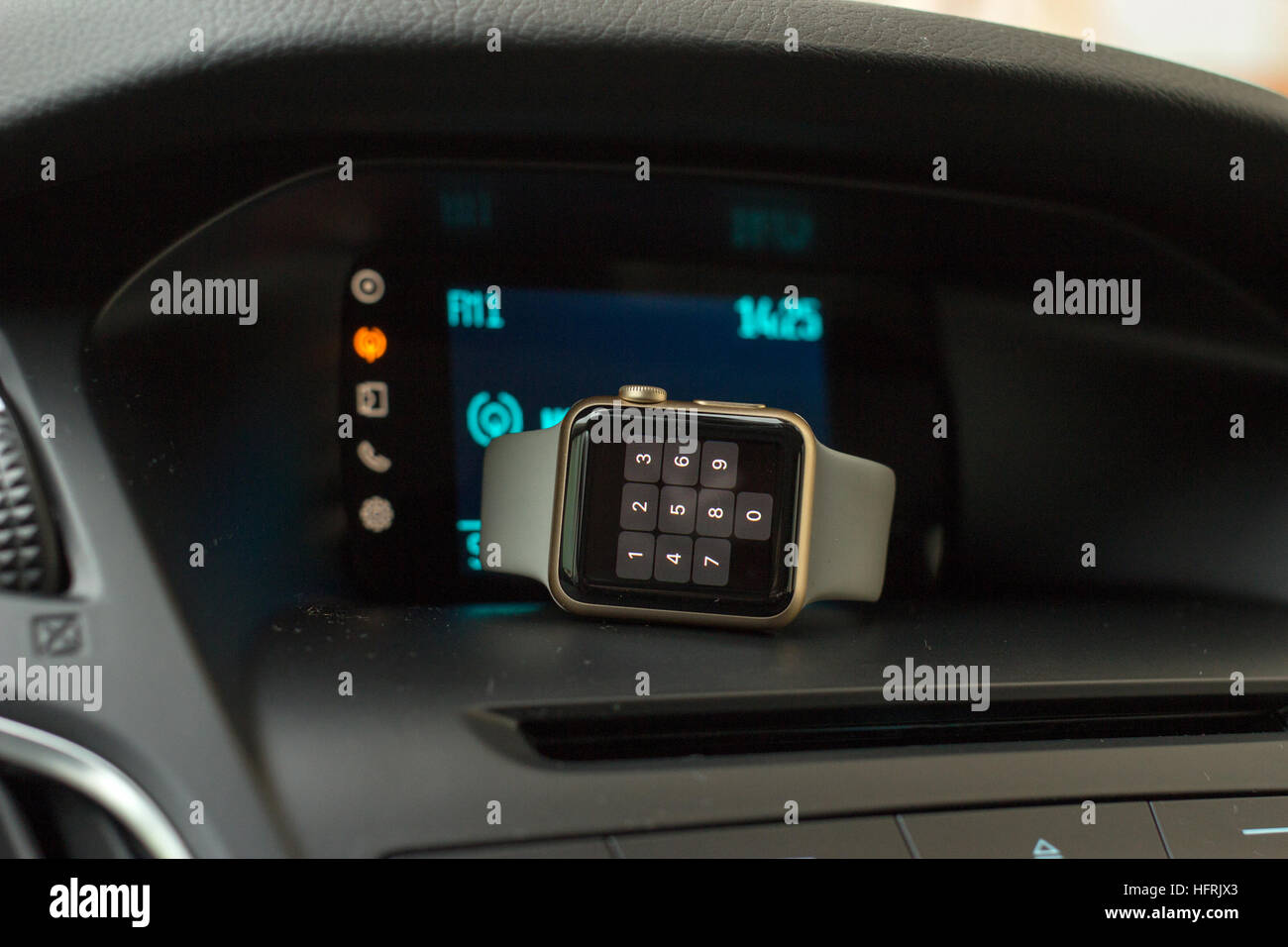 Modern car interior with smart watch in steering wheel Stock Photo - Alamy