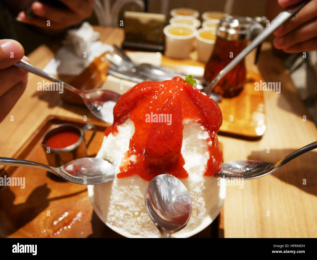 Shaved ice fruit and topping or white ice milk korean dessert called ...