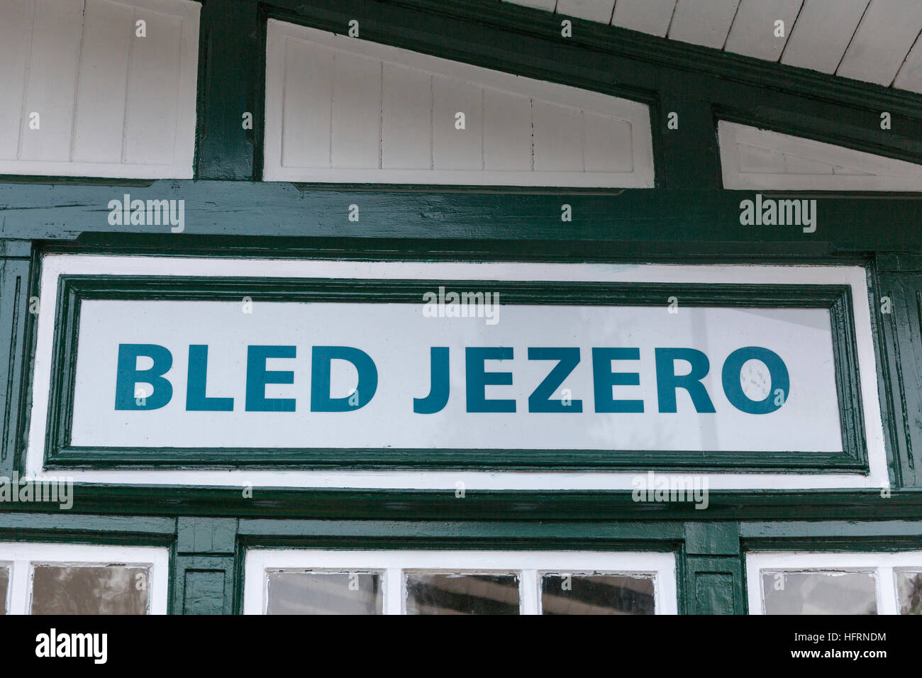 Railway station sign Bled Jezero closeup. Bled Lake is one of the ...