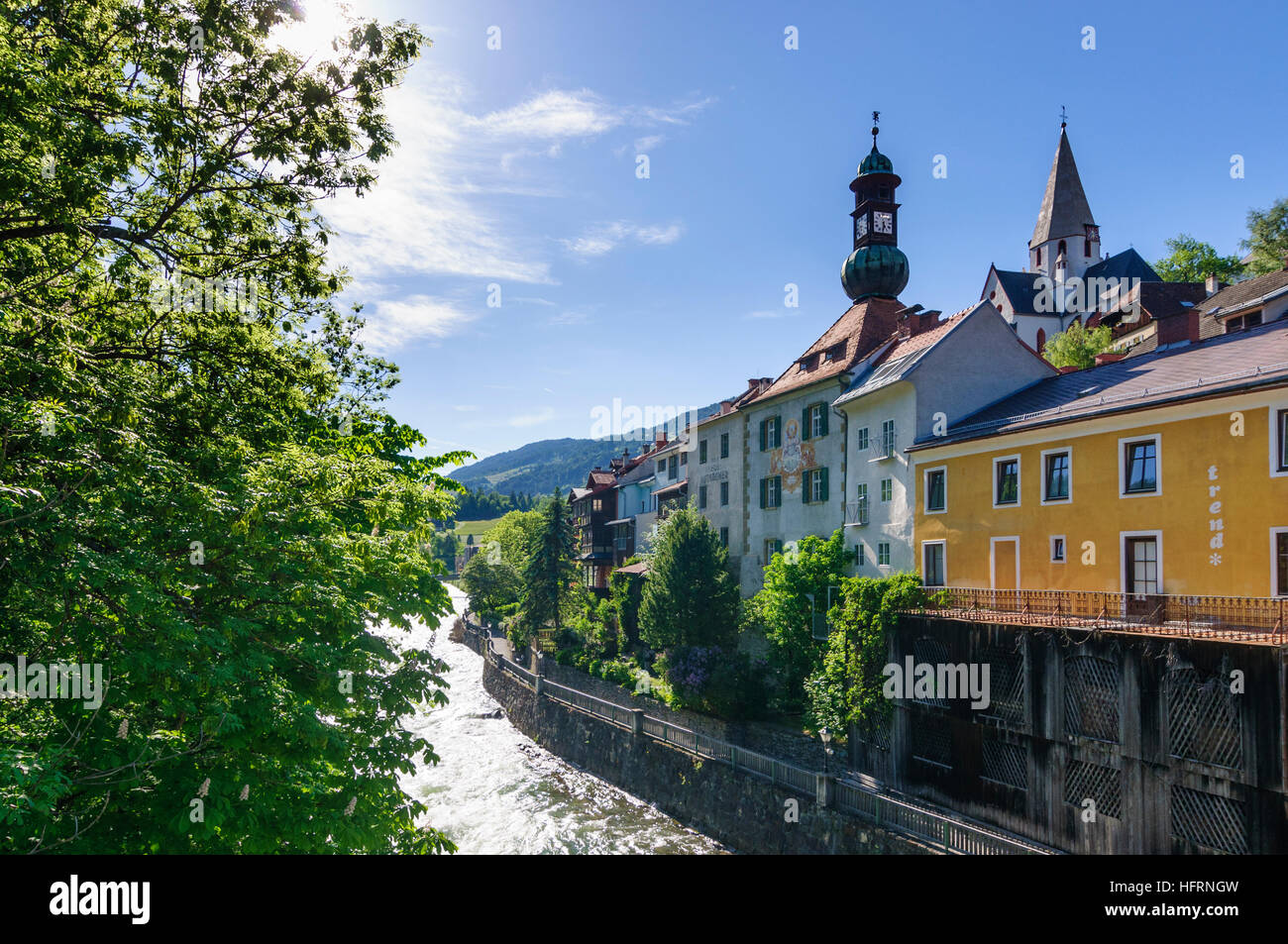 Murau: River Mur and town parish church St. Matthew on the mountain ...