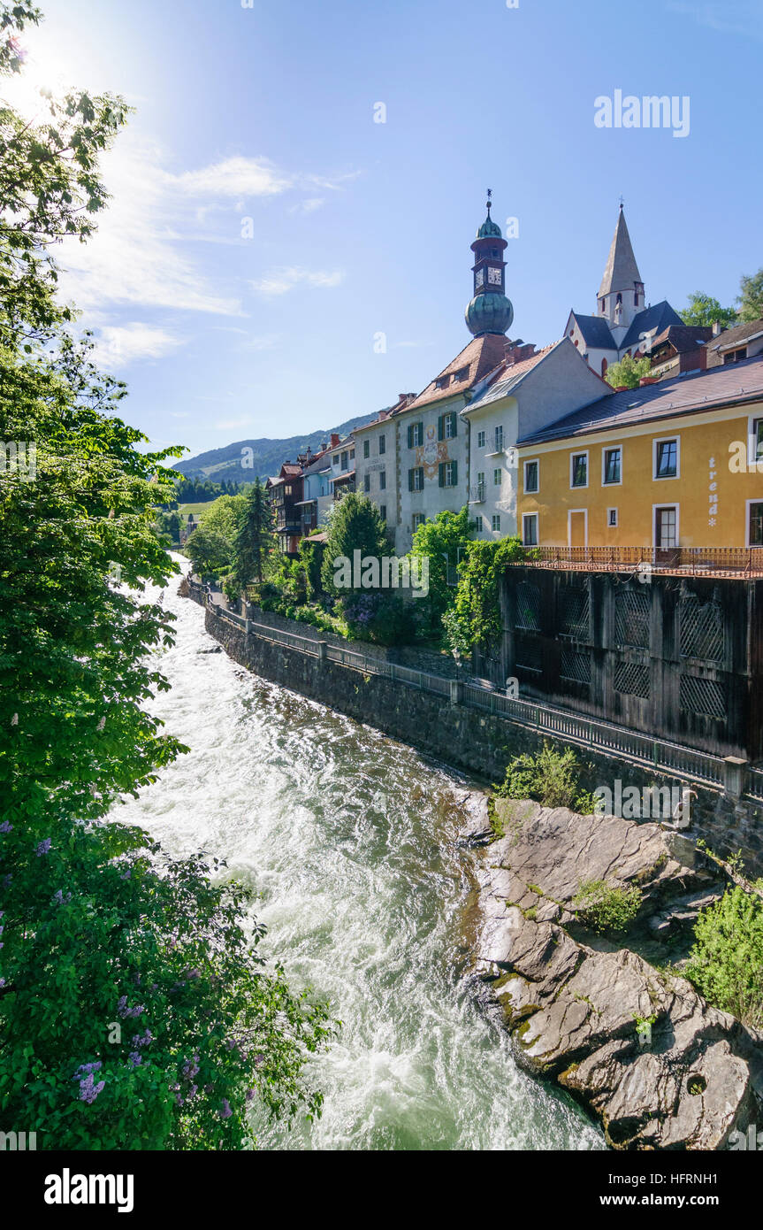 Murau: River Mur and town parish church St. Matthew on the mountain ...
