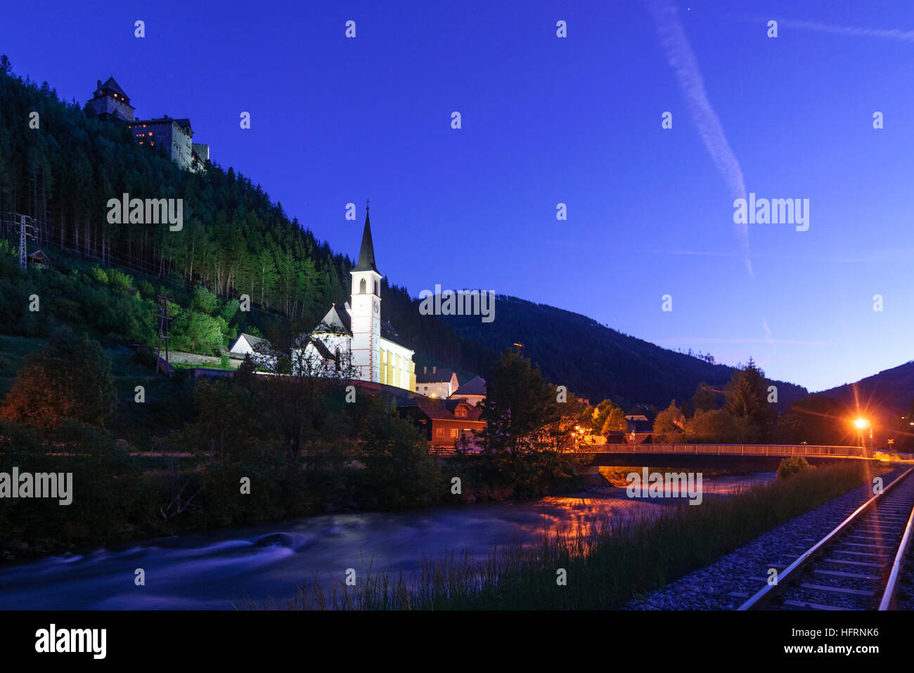 Ramingstein: Castle Finstergrün, church, river Mur and the track of the ...