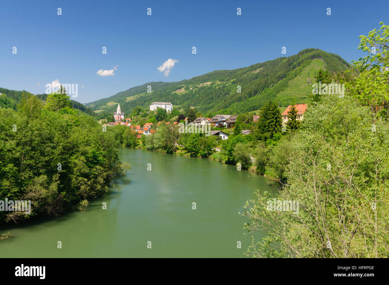 Murau: view of Murau with castle, church St. Matthew and river Mur ...