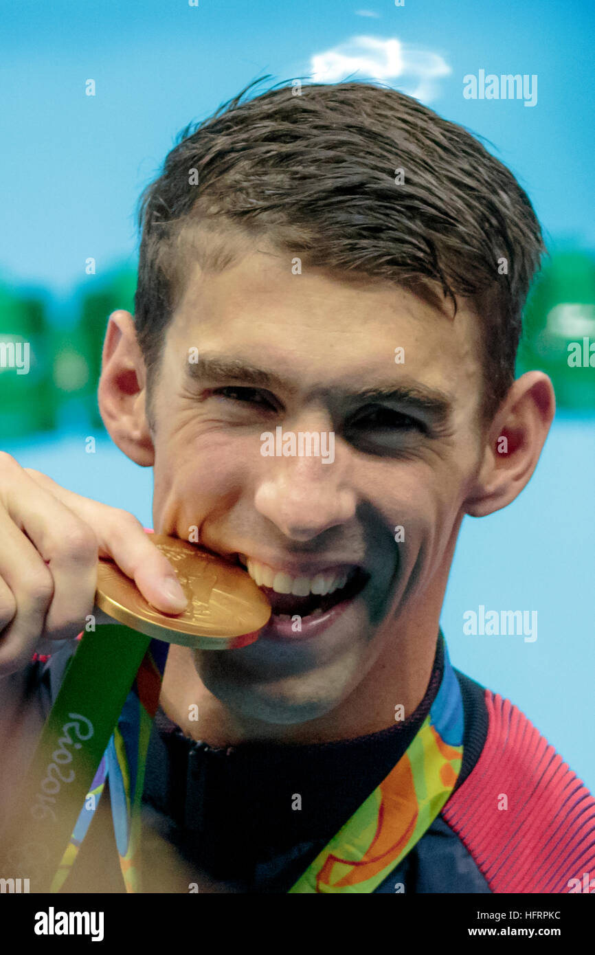 Rio de Janeiro, Brazil. 9 August 2016. Michael Phelps Team USA gold ...