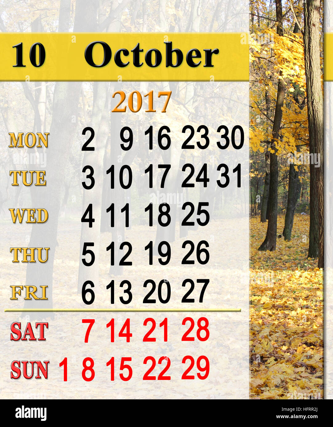 calendar for October 2017 with the ribbon of Autumn park with trees in ...