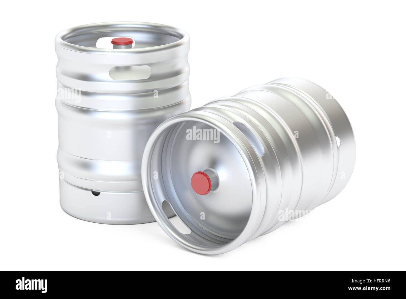 Beer metallic kegs closeup, 3D rendering isolated on white background ...