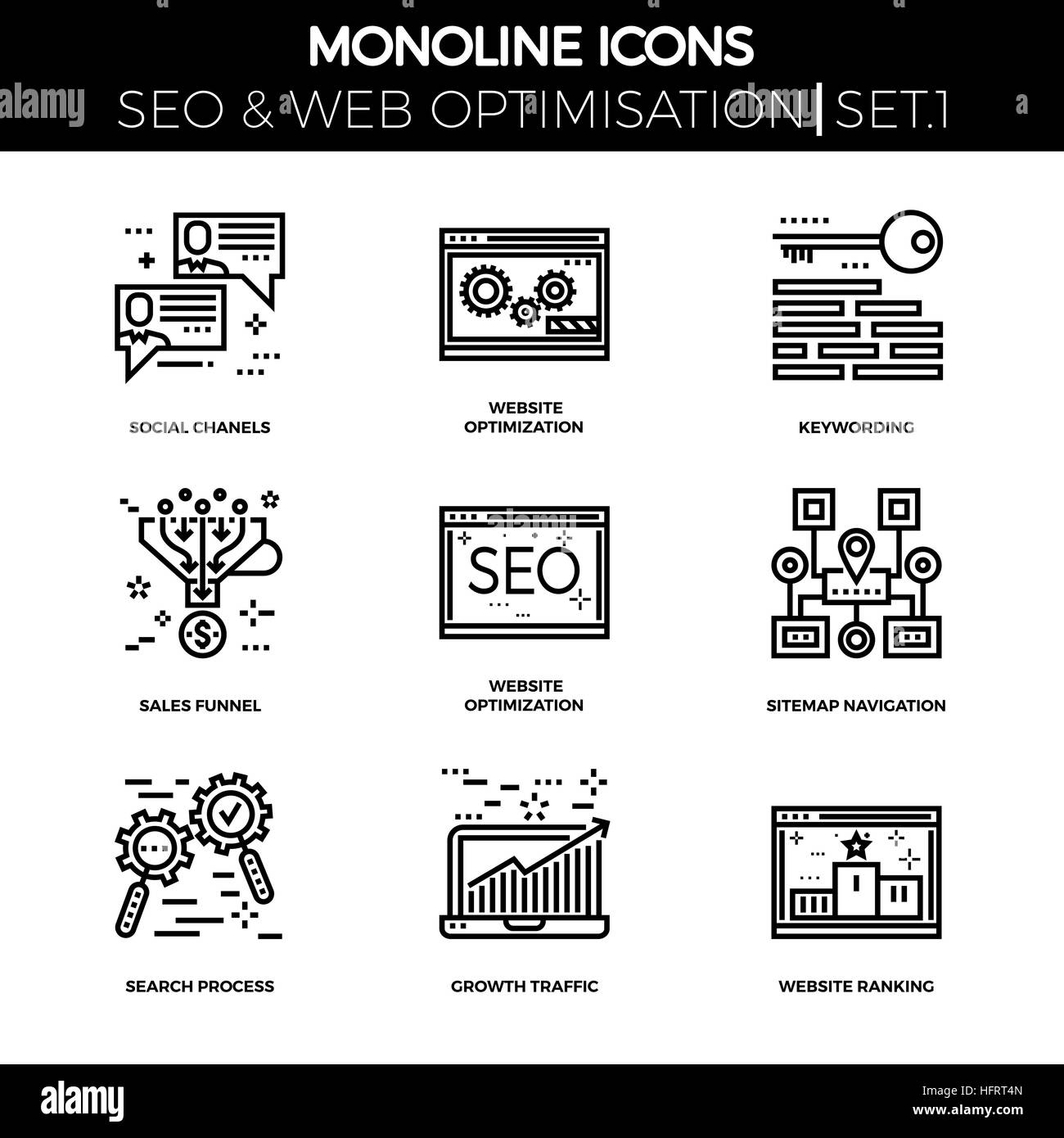 Line icons set with flat design of search engine optimization. Social ...