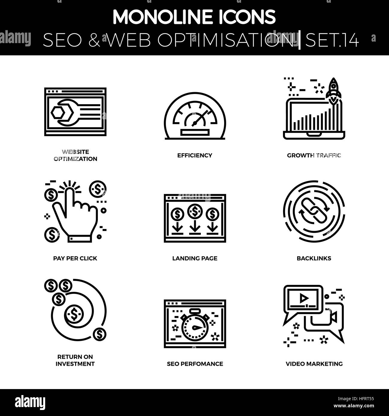 Line icons set with flat design. Website optimization, efficiency ...