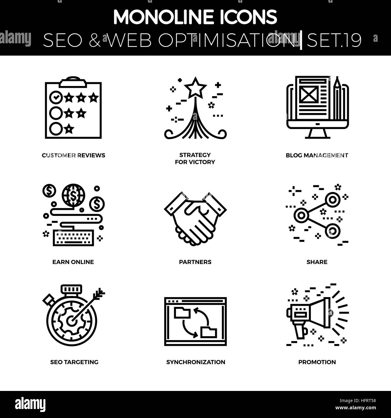 Line icons set with flat design of search engine optimization. Strategy ...