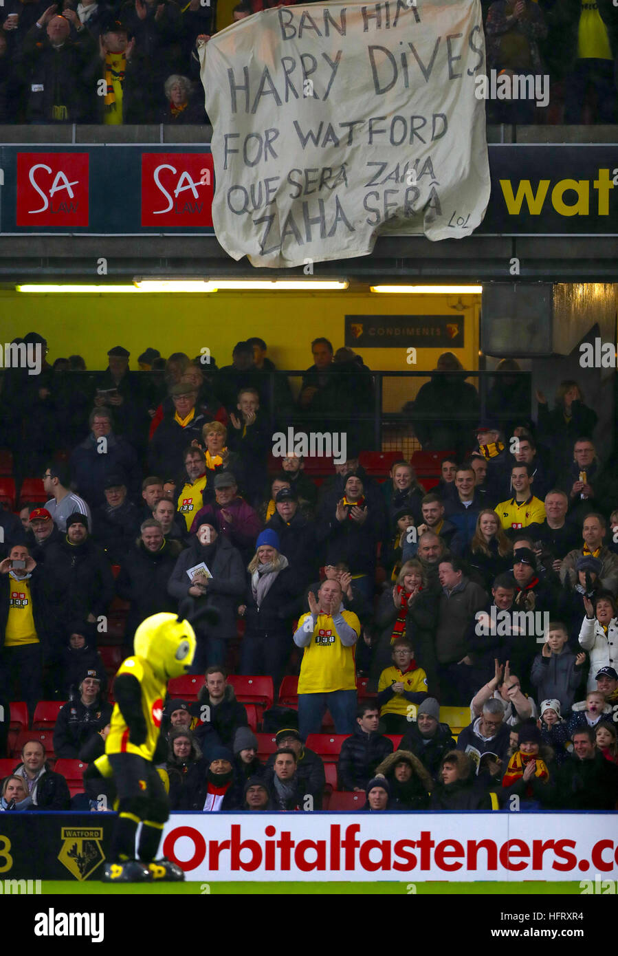 Watford bans display a banner in the stands prior to the Premier League ...