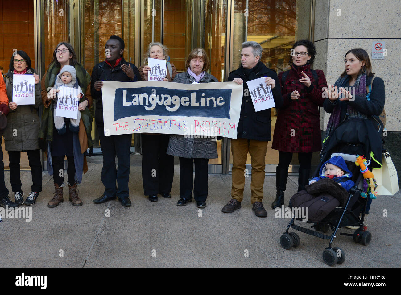 Members of the NUBSLI (the National Union of British Sign Language Interpreters) hold a ...