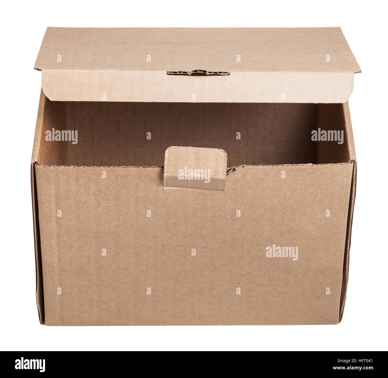 front view of slightly open cardboard box isolated on white background ...