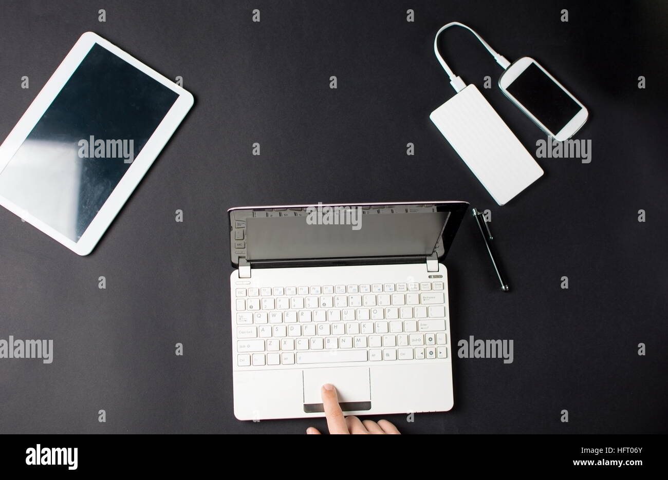 Man using a white laptop first person view Stock Photo - Alamy
