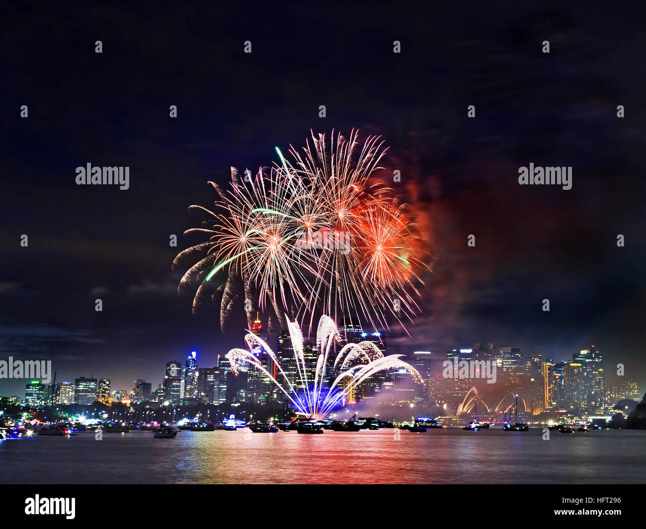 Bright red balls of fireworks in Sydney during New Year eve celebration ...