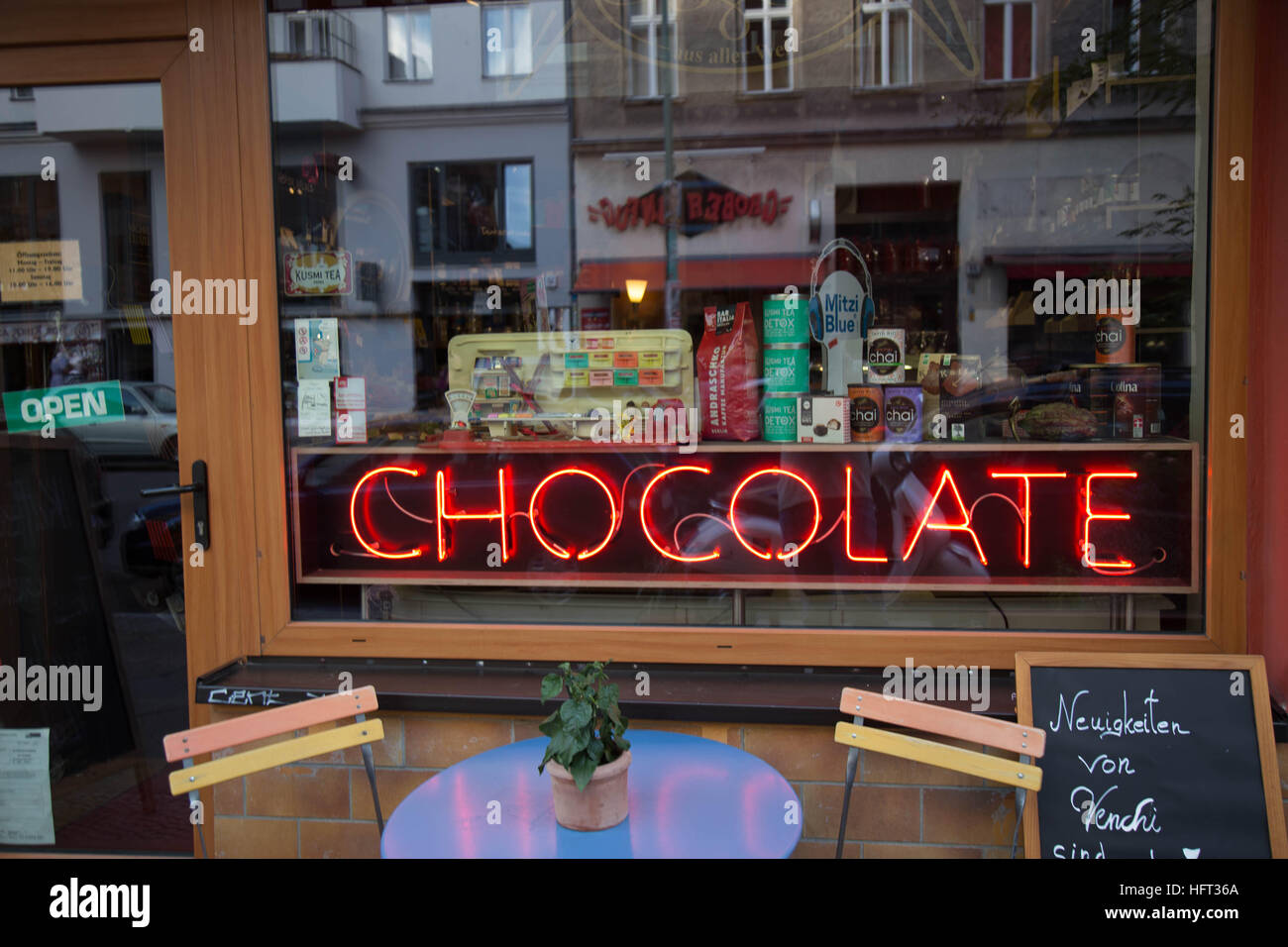 Reflections in a window of a candy store on Zossener Strasse, Berlin ...