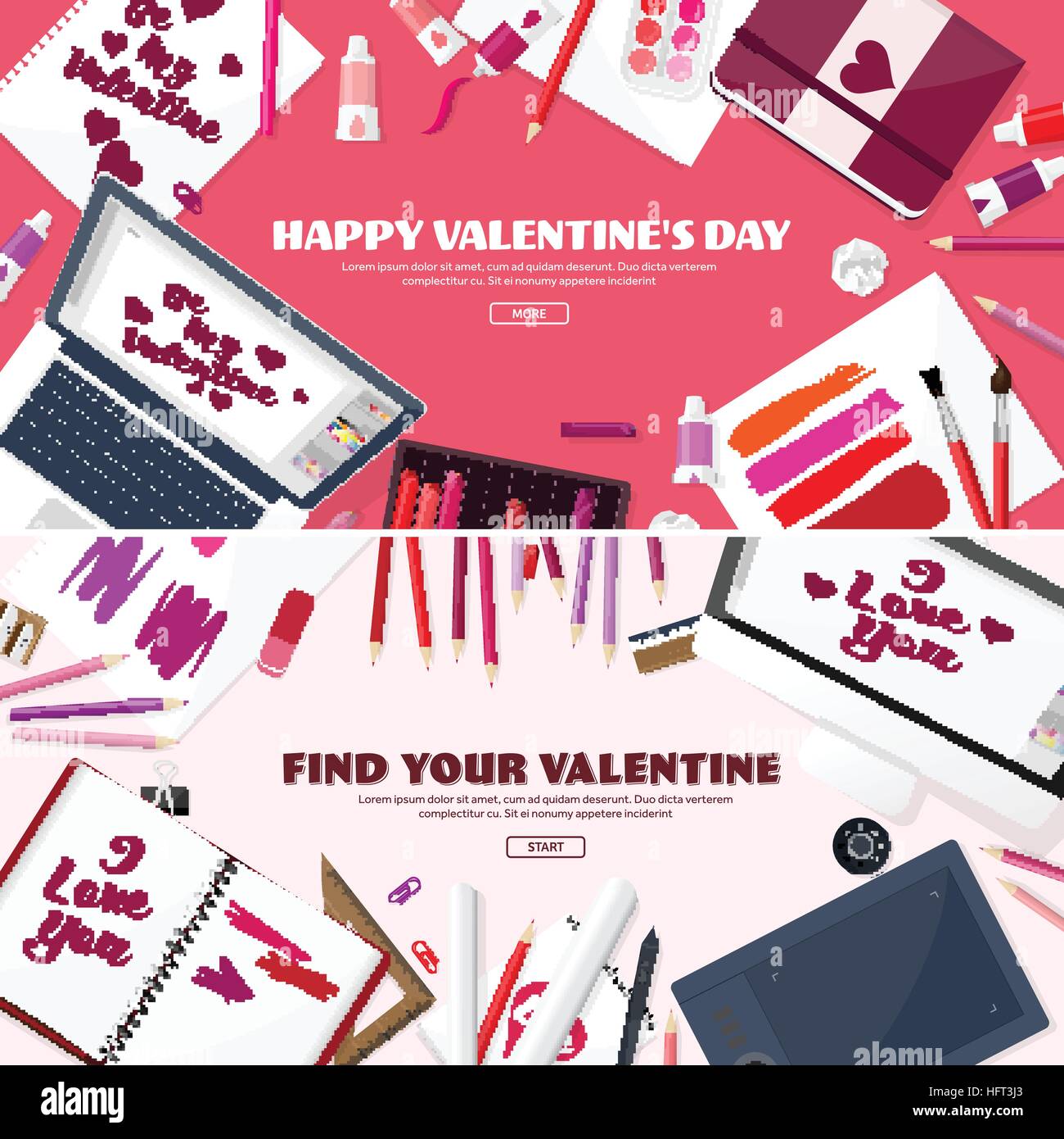 Valentines Day. Workplace with table. Design Equipment. Drawing on ...