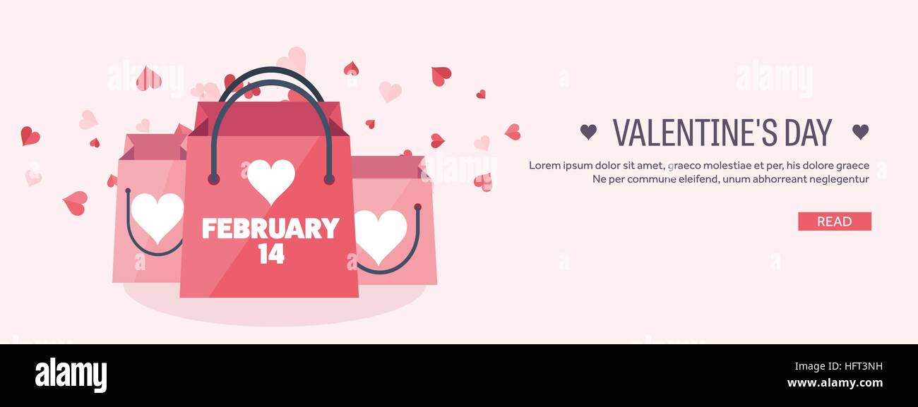 Vector illustration. Flat background with shopping bags. Love, hearts ...