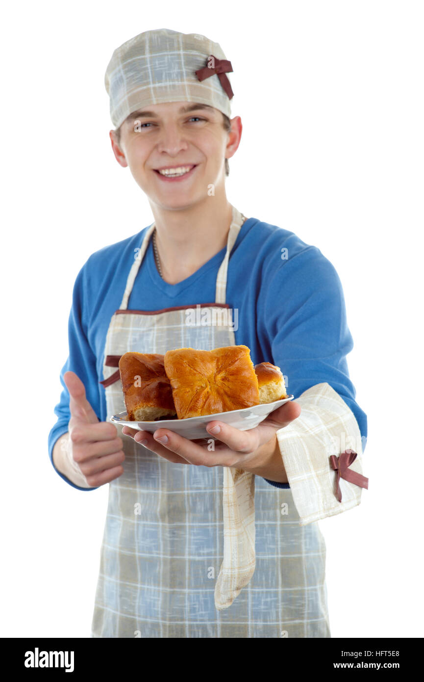 Cook with the pastry on a white background Stock Photo - Alamy