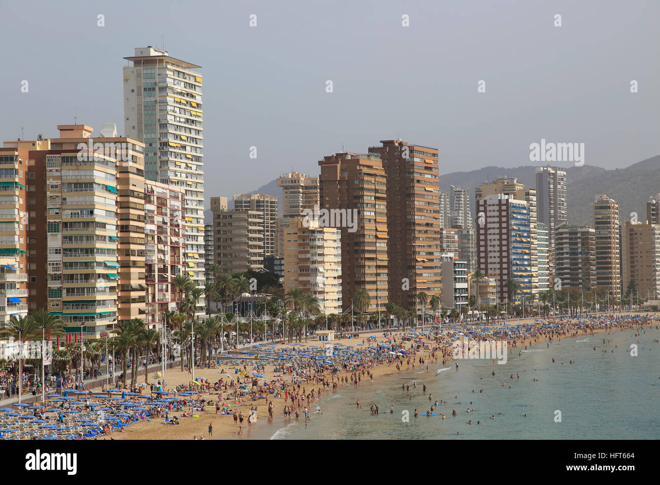 High rise apartment buildings and hotels seafront, Playa Levante sandy ...