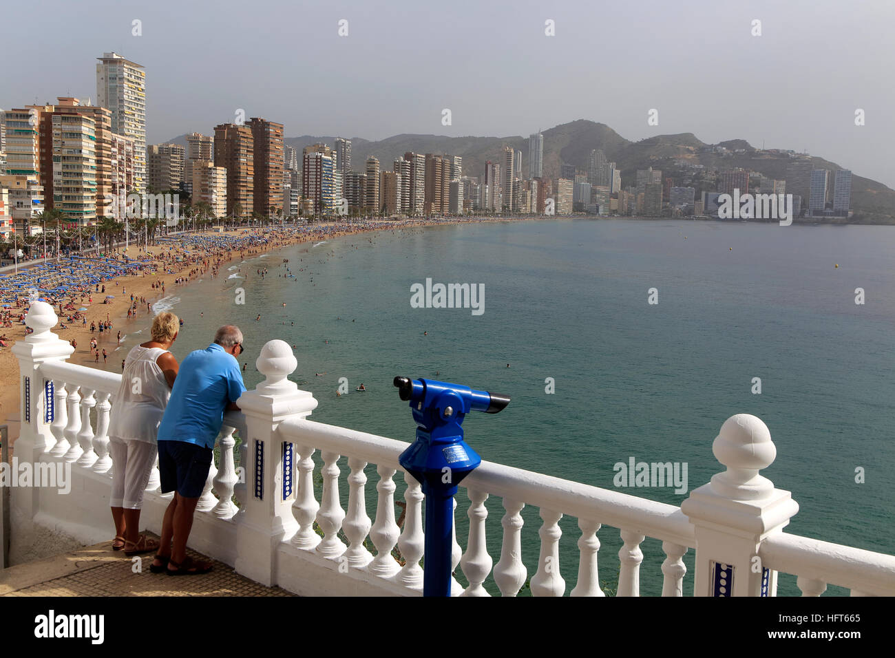 High rise apartment buildings and hotels seafront, Playa Levante sandy ...