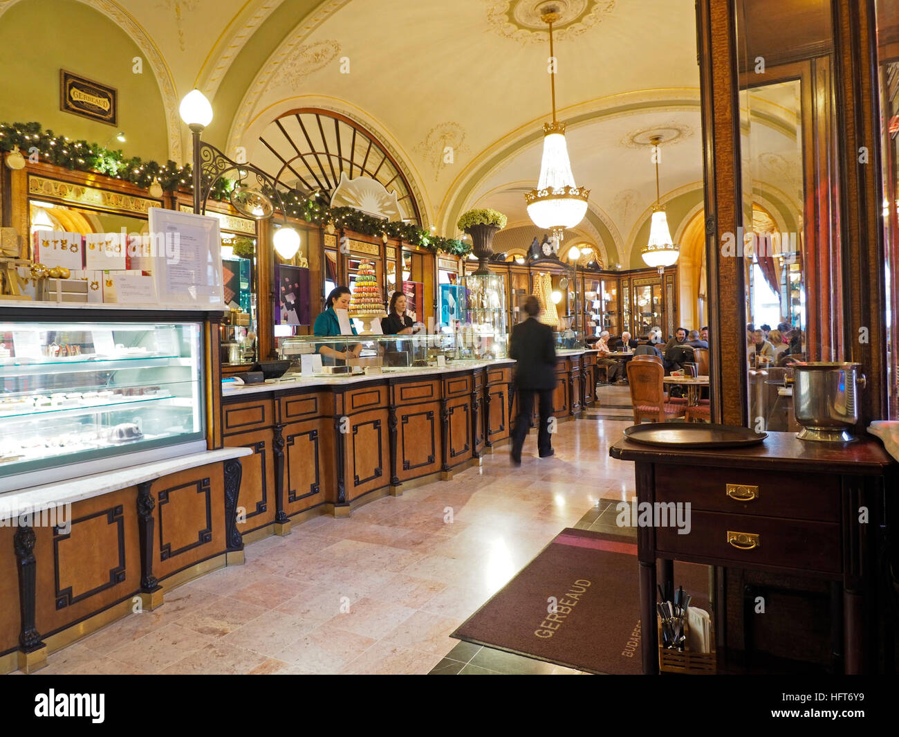 The classic interior of the famous Gerbeaud Kavehaz coffee house in the ...