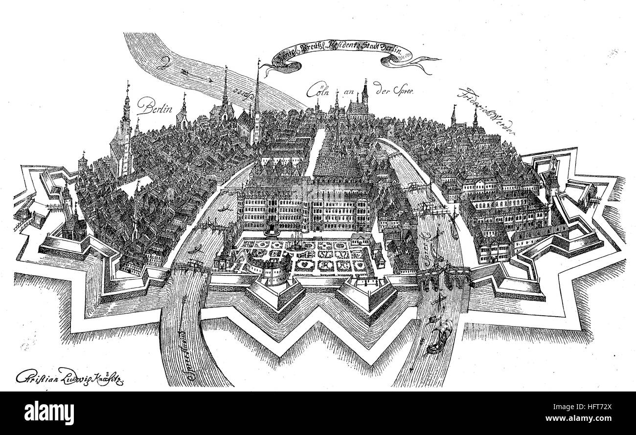 View of Berlin, a pen and ink drawing from the 17th century, woodcut ...