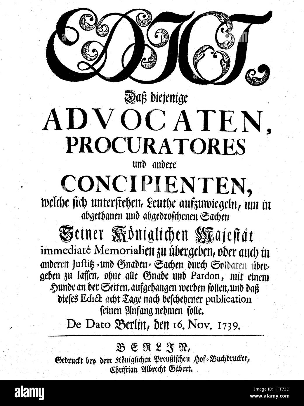 Facsimile of the title sheet of King Friedrich I., edict against ...