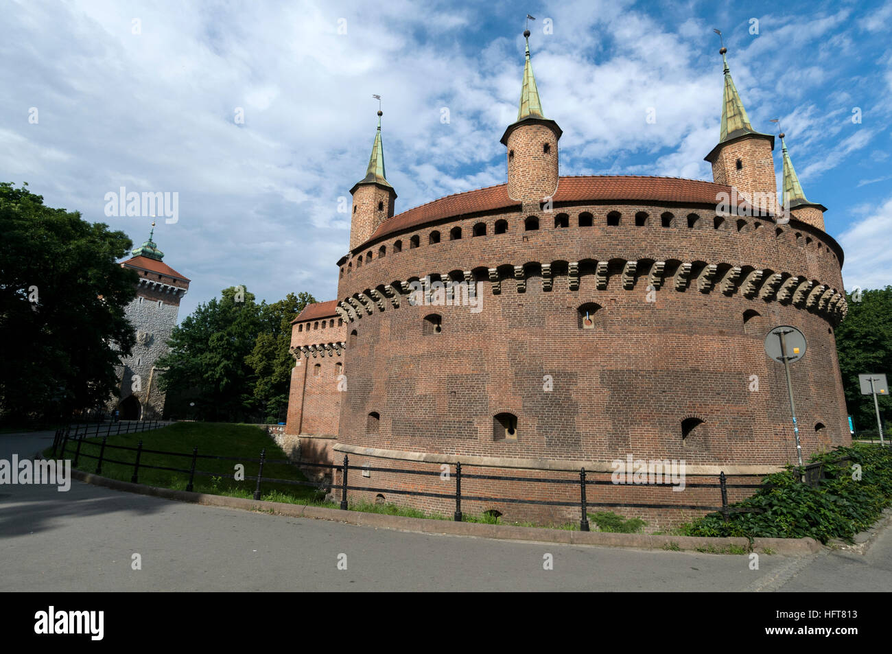The medieval built barbican surrounded by a moat with drawbridge and on ...