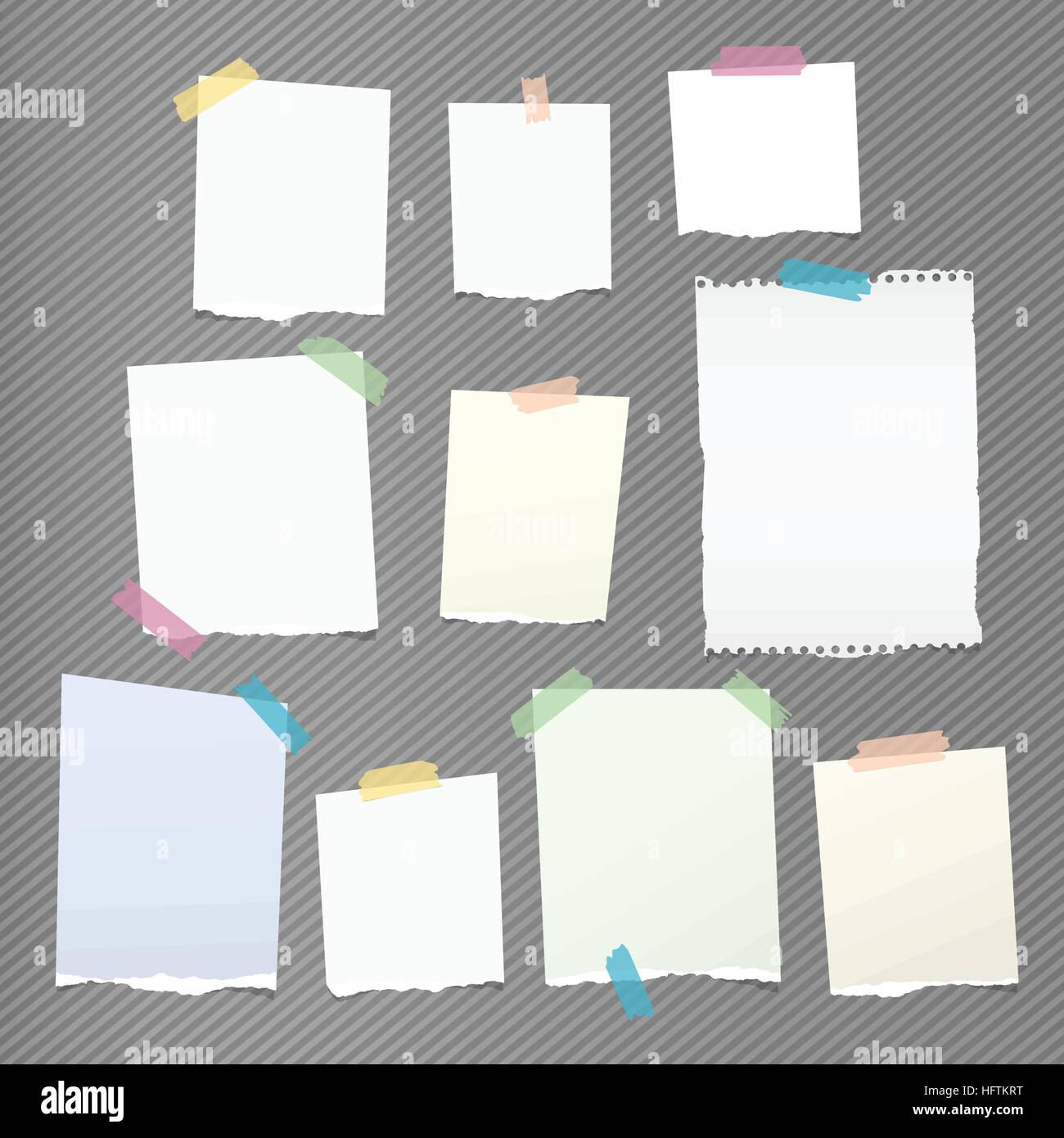 Colorful note, notebook, copybook paper sheets stuck with sticky tape ...