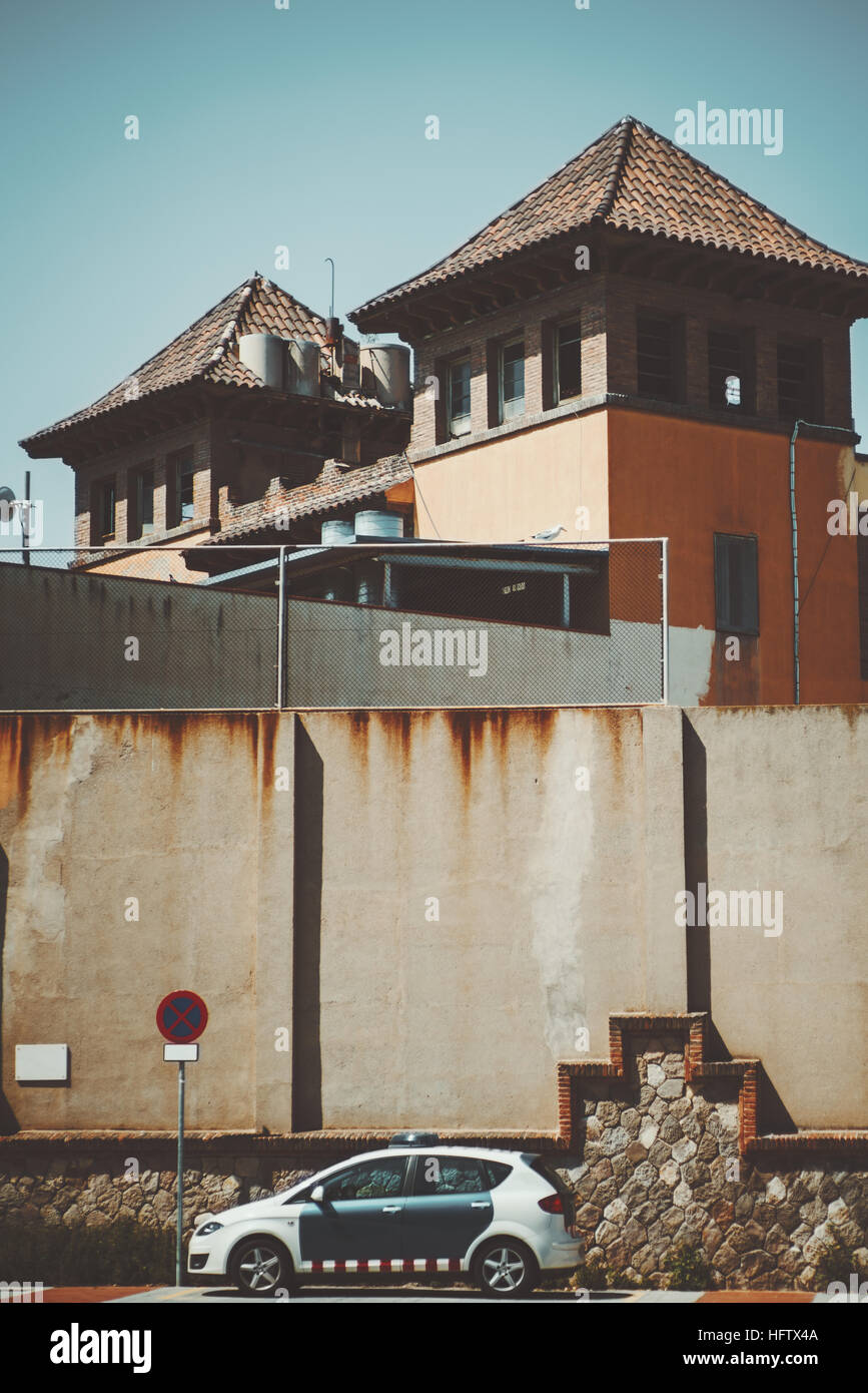 Vertical photo of prison in Barcelona with two pyramidal towers, big ...