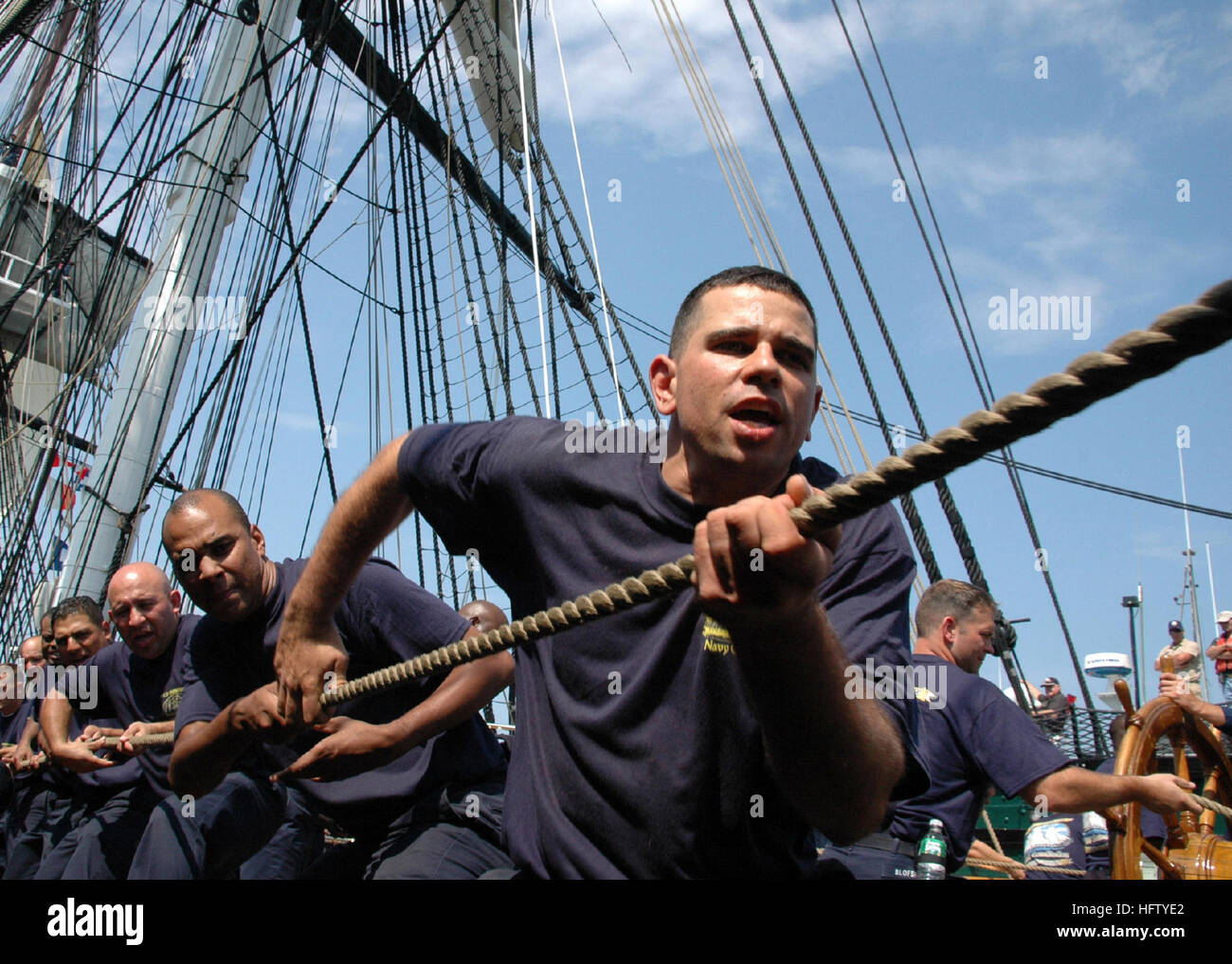CPO selectees raise the mizzenmast topsail yard aboard USS Constitution ...
