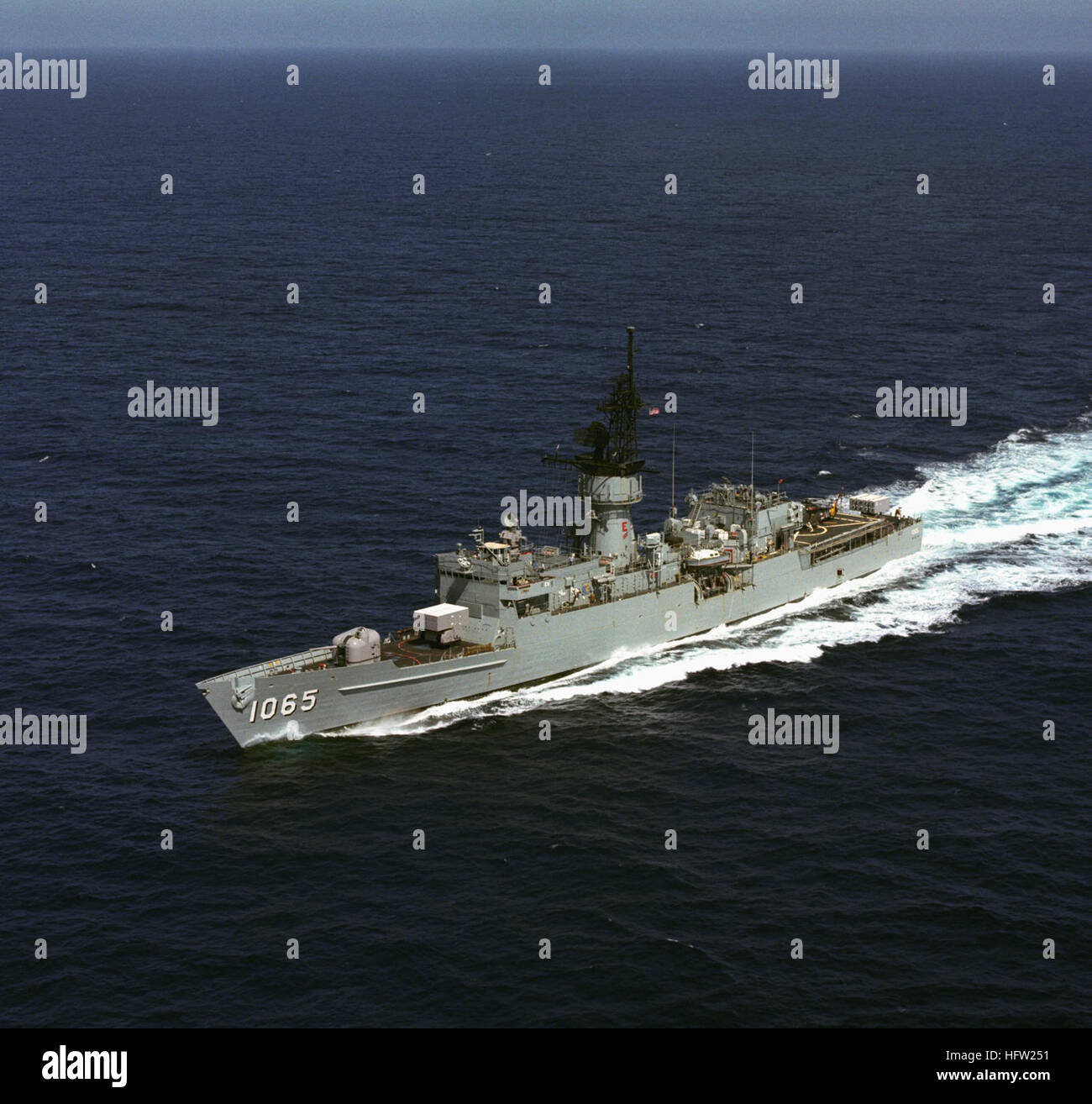 An aerial portside view of the US Navy (USN) Knox Class Frigate USS ...