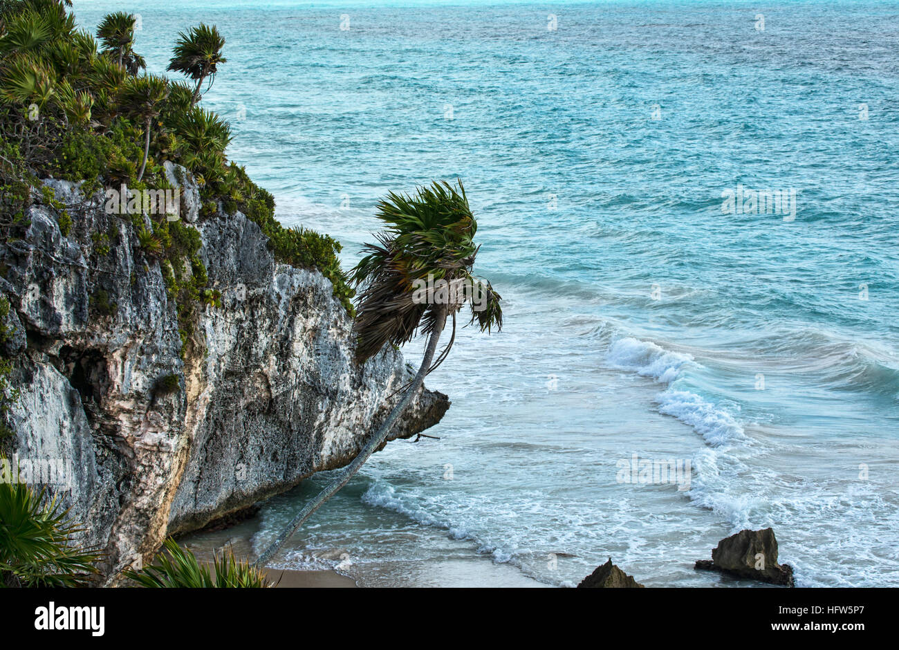 Tulum Mexico Mayan ruins temple ocean cliff. Pre Columbian Mayan ...