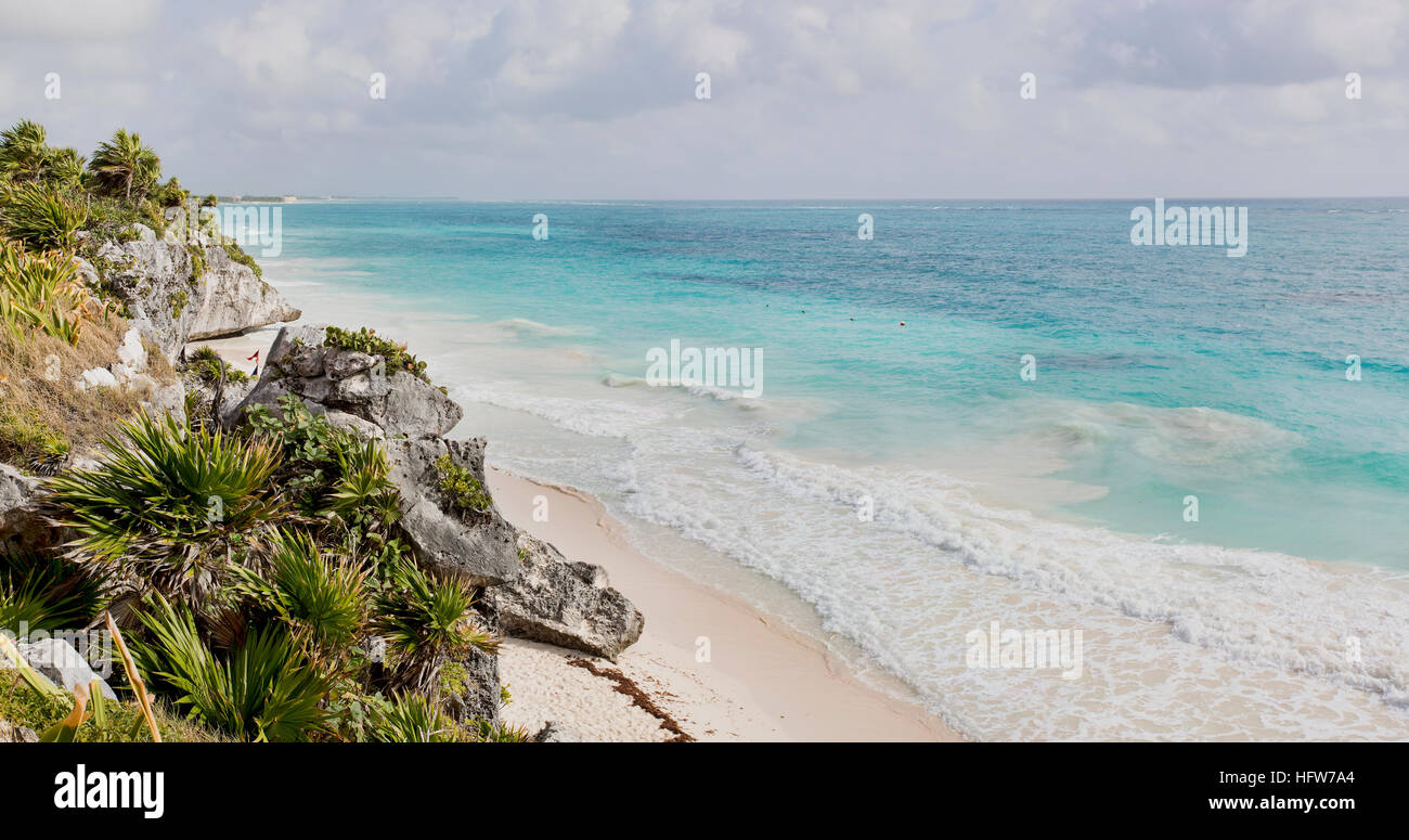 Tulum Mexico Mayan ruins temple ocean cliff. Pre Columbian Mayan ...