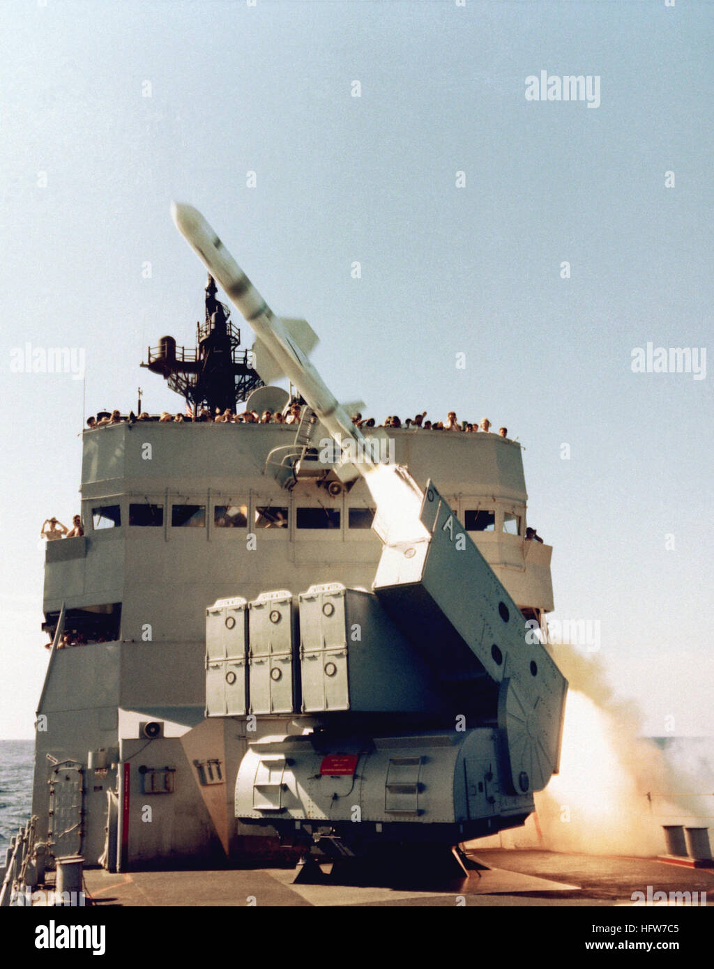 An RGM-84 Harpoon missile is launched from an ASROC launcher aboard the ...