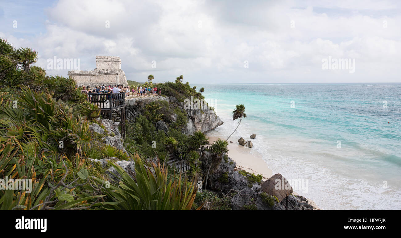 Tulum Mexico Mayan ruins temple ocean cliff. Pre Columbian Mayan ...