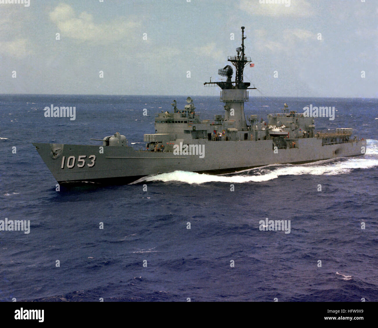 A port bow view of the frigate USS ROARK (FF-1053) underway en route to ...