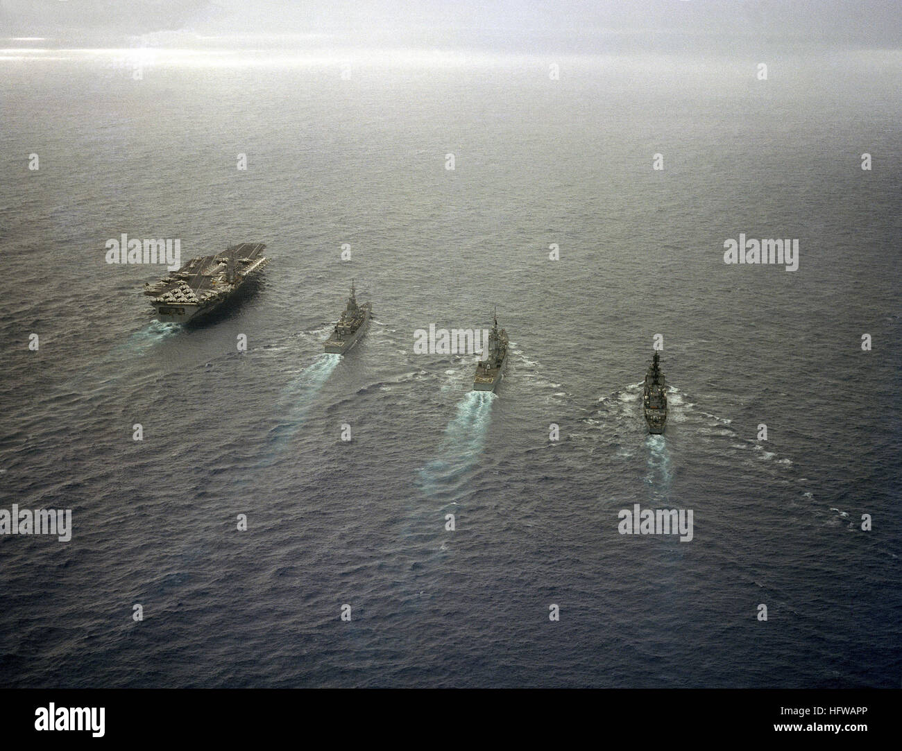 Aerial stern view of the nuclear-powered aircraft carrier USS NIMITZ ...