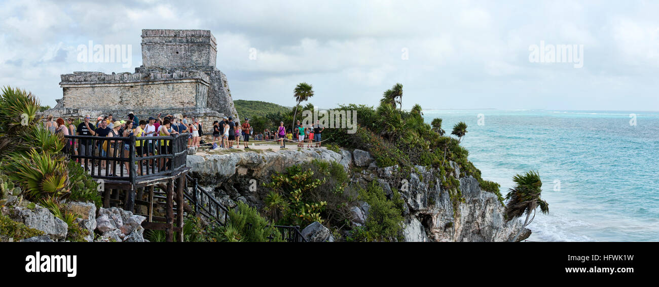 Tulum Mexico Mayan ruins temple ocean cliff. Pre Columbian Mayan ...