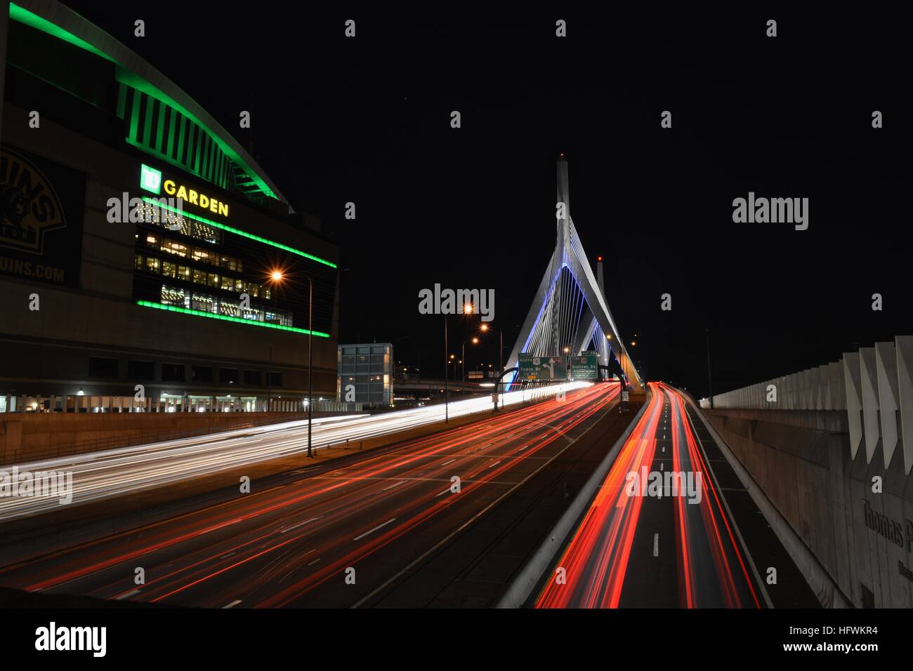 A long exposure of Boston's iconic Zakim suspension bridge adjacent to ...