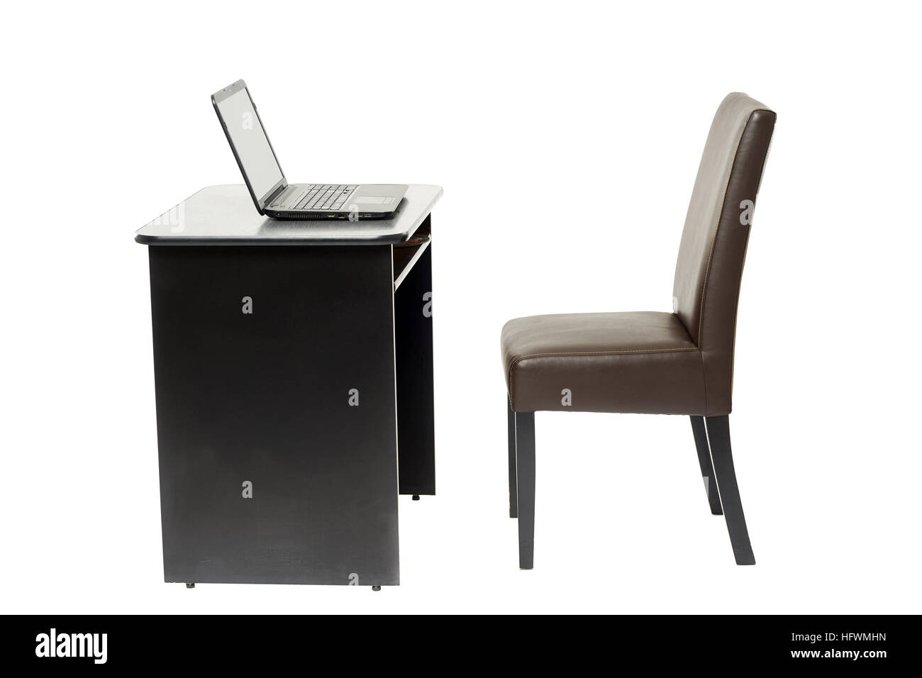 Empty desk and chair with a laptop isolated on white Stock Photo - Alamy