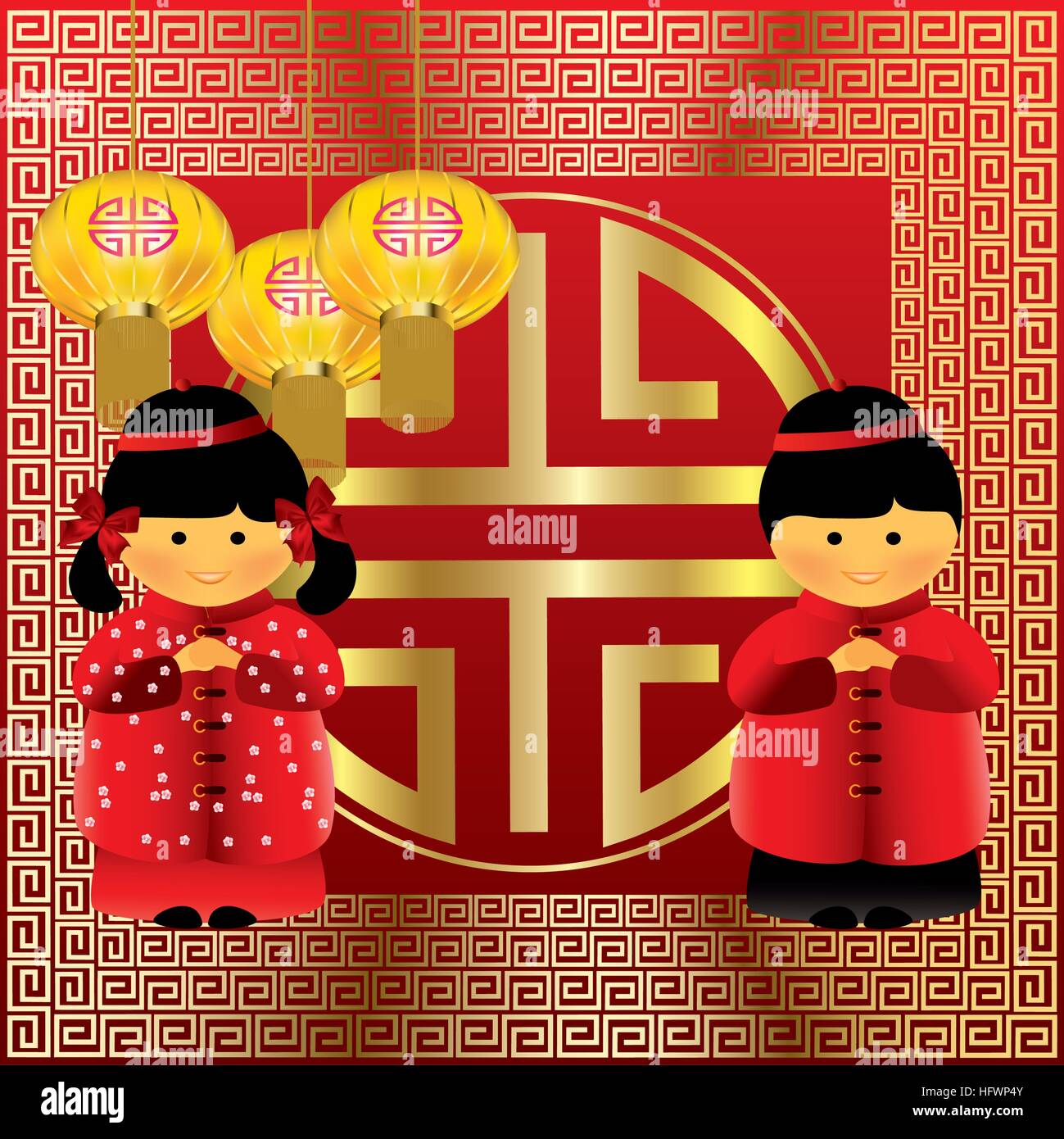 Chinese New Year - Children Greetings with lanterns on red background ...