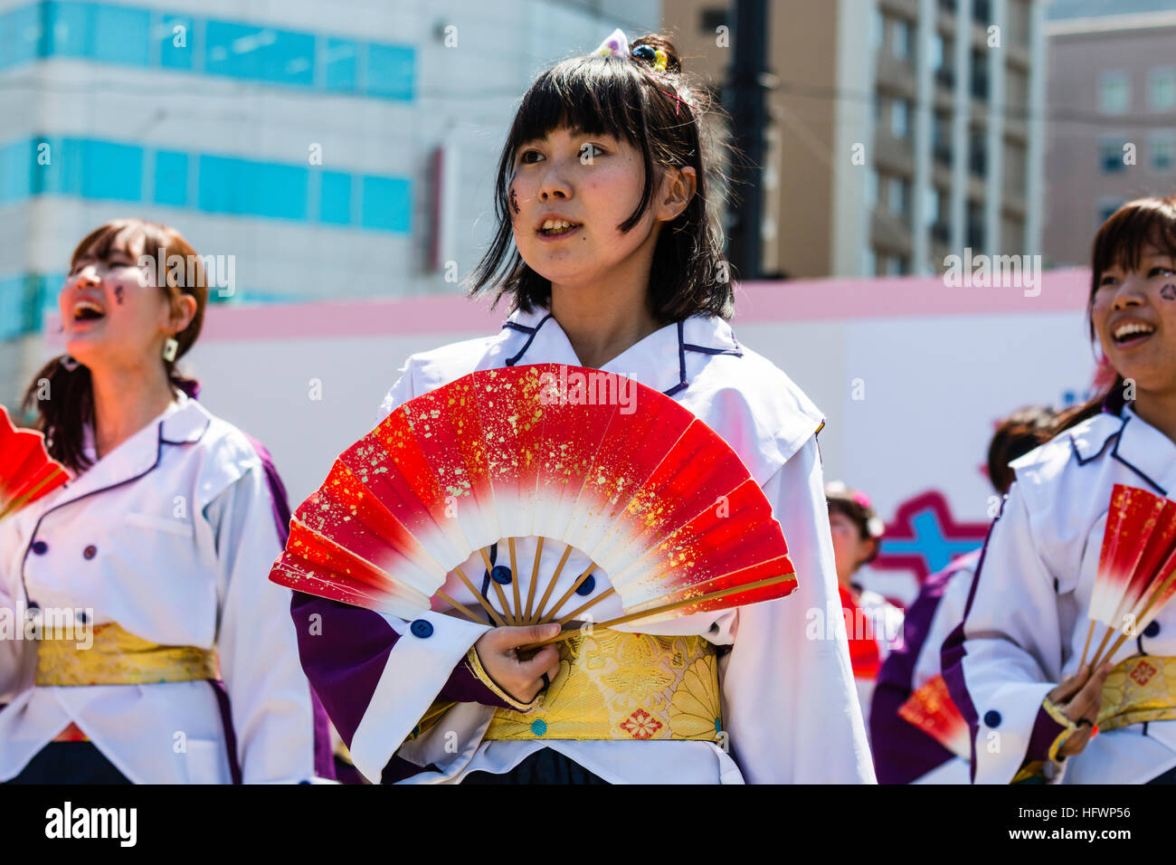 Japan, Kumamoto. Hinokuni Yosakoi festival. Teenage girl dancer ...